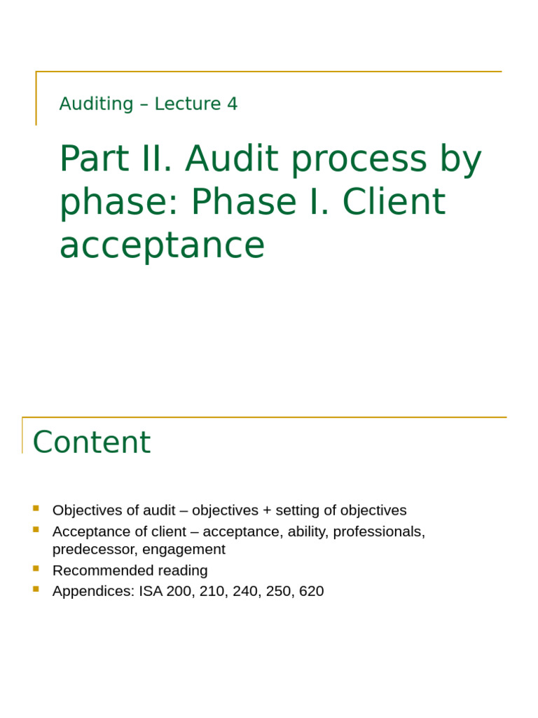Audit Process: Client Acceptance Phase | PDF | Audit | Auditor's Report