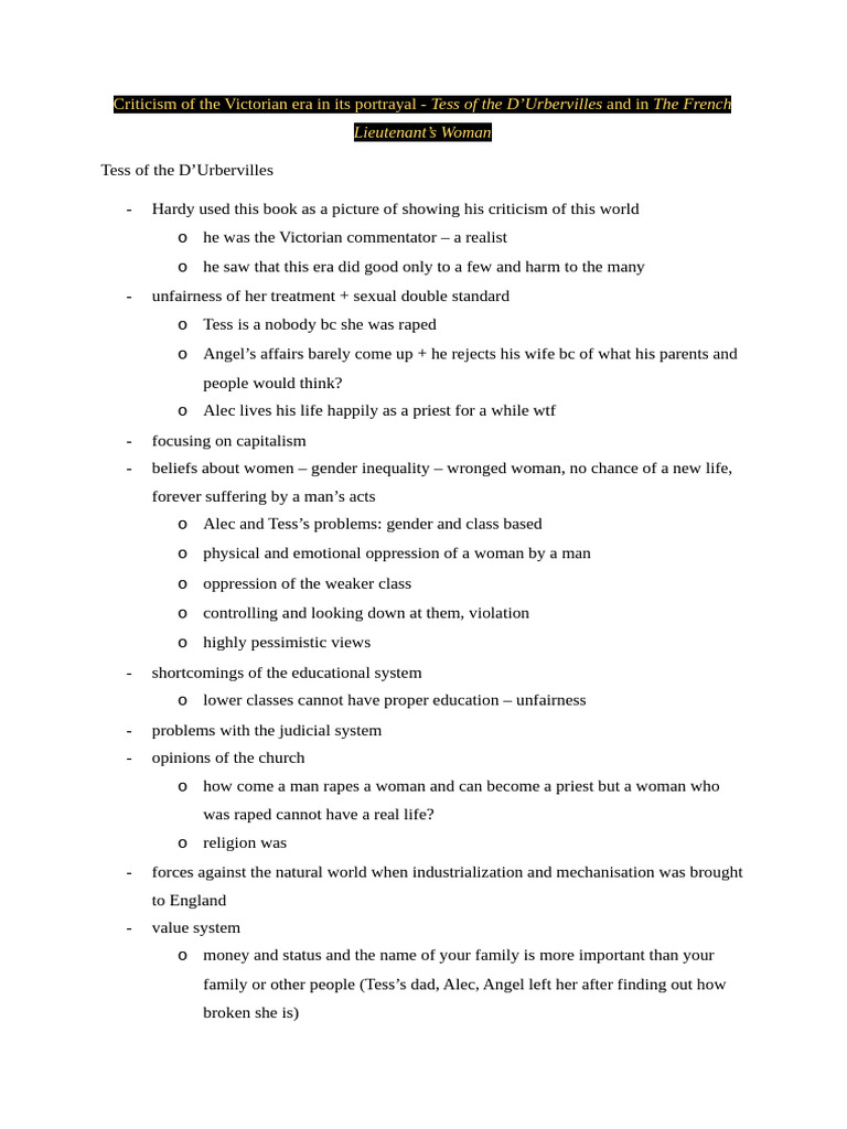 Criticism of The Victorian Era Tess of The D. The French L.W. | PDF ...