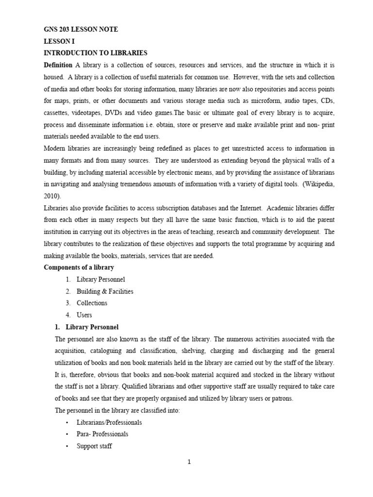 GNS 203 Introduction To Libraries (Complete Note) | PDF | Libraries | Digital Library