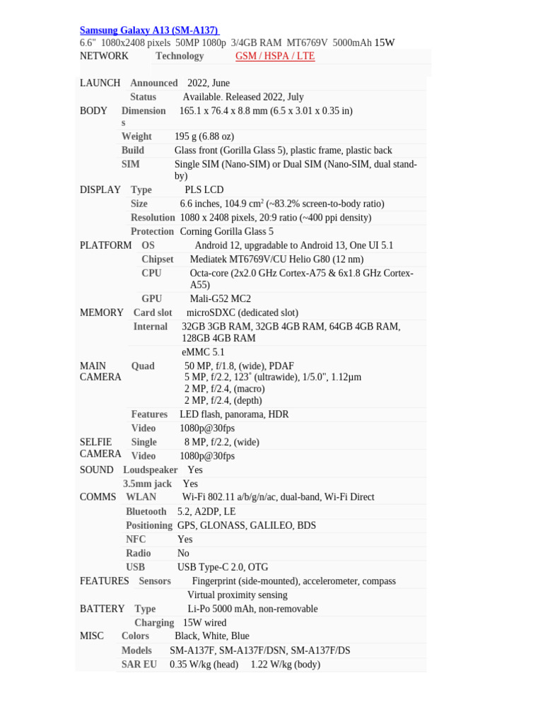 Samsung Galaxy A13 (SM-A137) - Copy | PDF