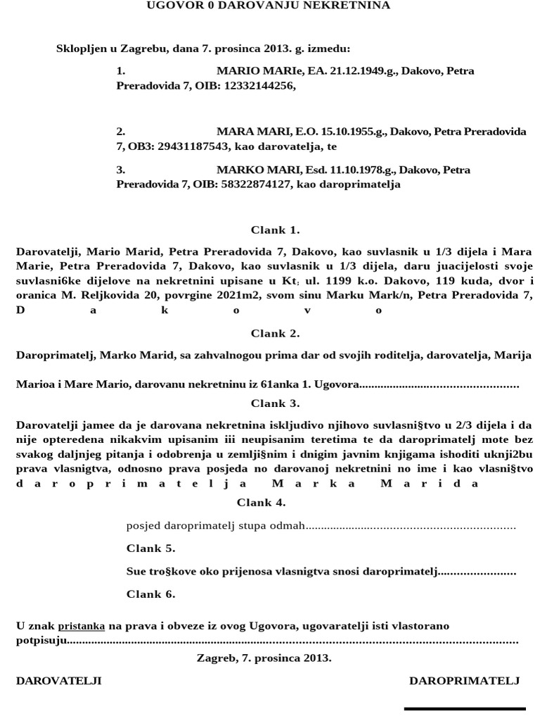 Primjer Darovnog Ugovora - JPG | PDF