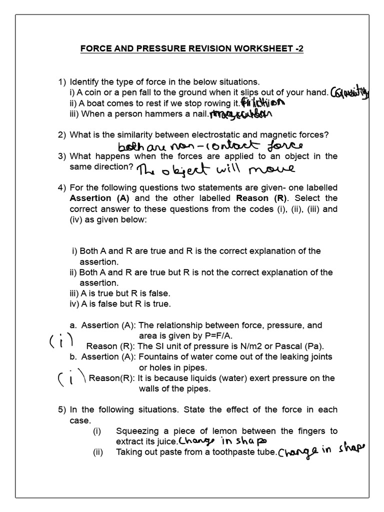 Force and Pressure Revision Worksheet 3 | PDF