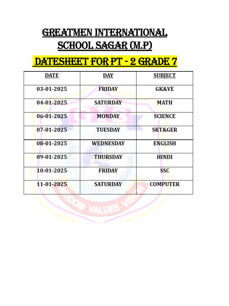 G-7 Date Sheet For PT-2 | PDF