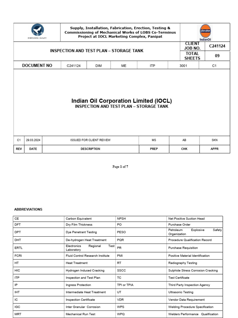 IOCL Storage Tank Inspection Plan | PDF | Nondestructive Testing ...
