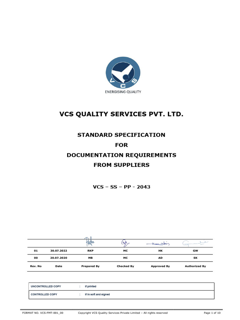 STANDARD SPECIFICATION FOR DOCUMENTATION REQUIREMENTS FROM SUPPLIERS ...