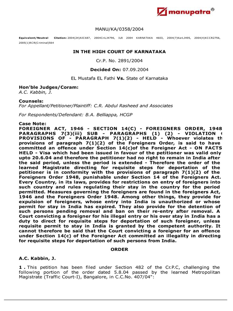 (A2) EL Mustafa EL Fathi Vs State of Karnataka 070920043040363COM789780 | PDF | Travel Visa ...