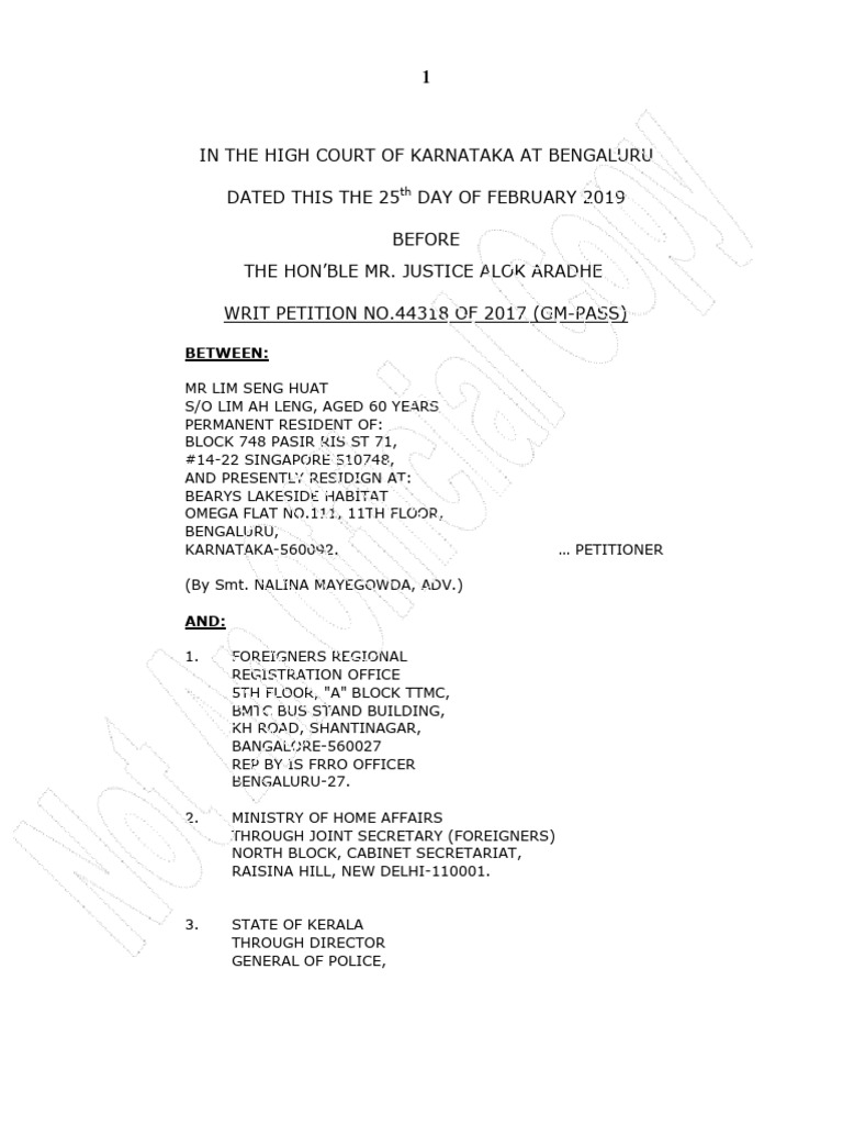 Writ Petition on Visa Cancellation in Karnataka | PDF | Writ | Certiorari