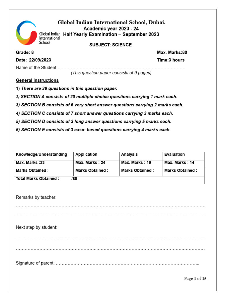 Grade 8 Science Sample Question Paper | PDF | Soil | Friction
