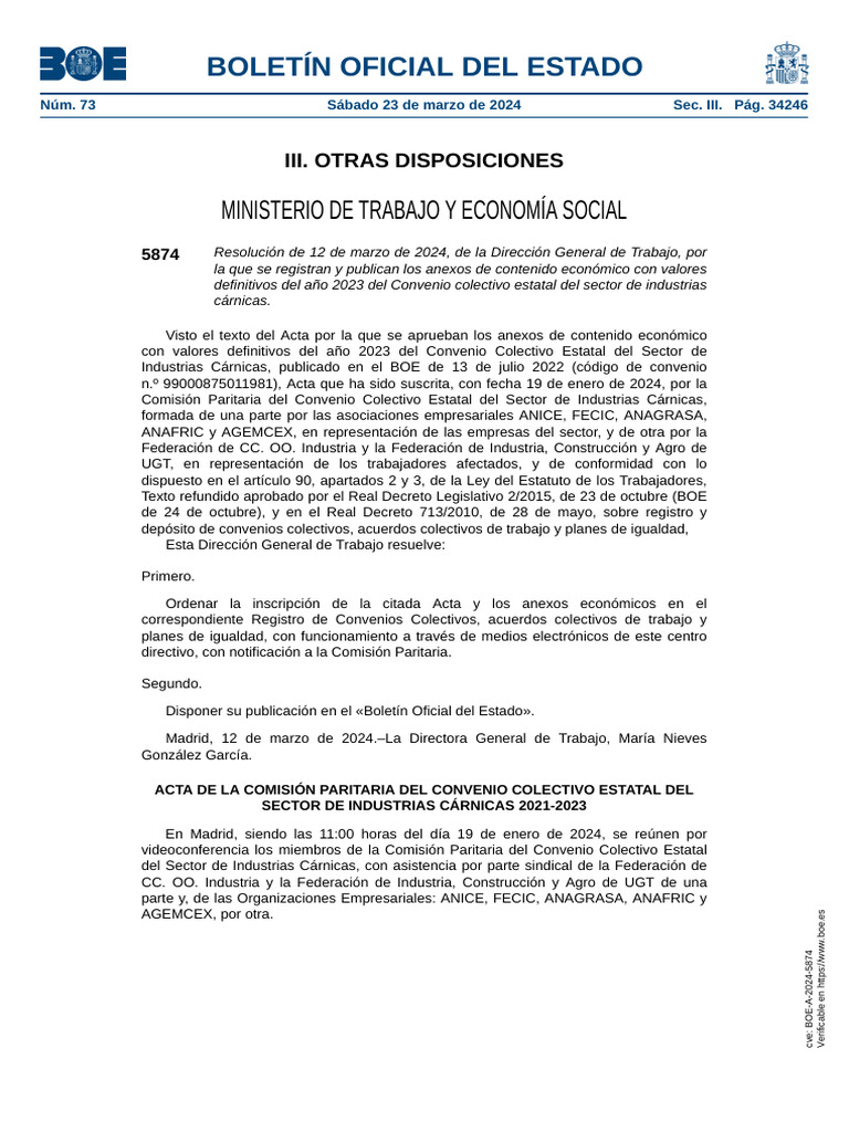 Boe A 2024 5874 | PDF | Tiempo de trabajo | Salario