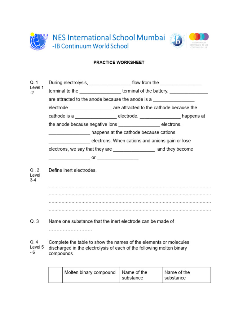 MYP 3 - Practice Worksheet | PDF | Anode | Ion