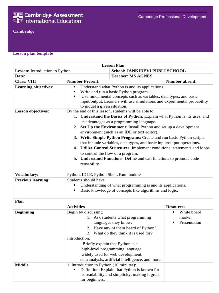 Ict8lessonplan Pdf Python Programming Language Computer Programming 4090