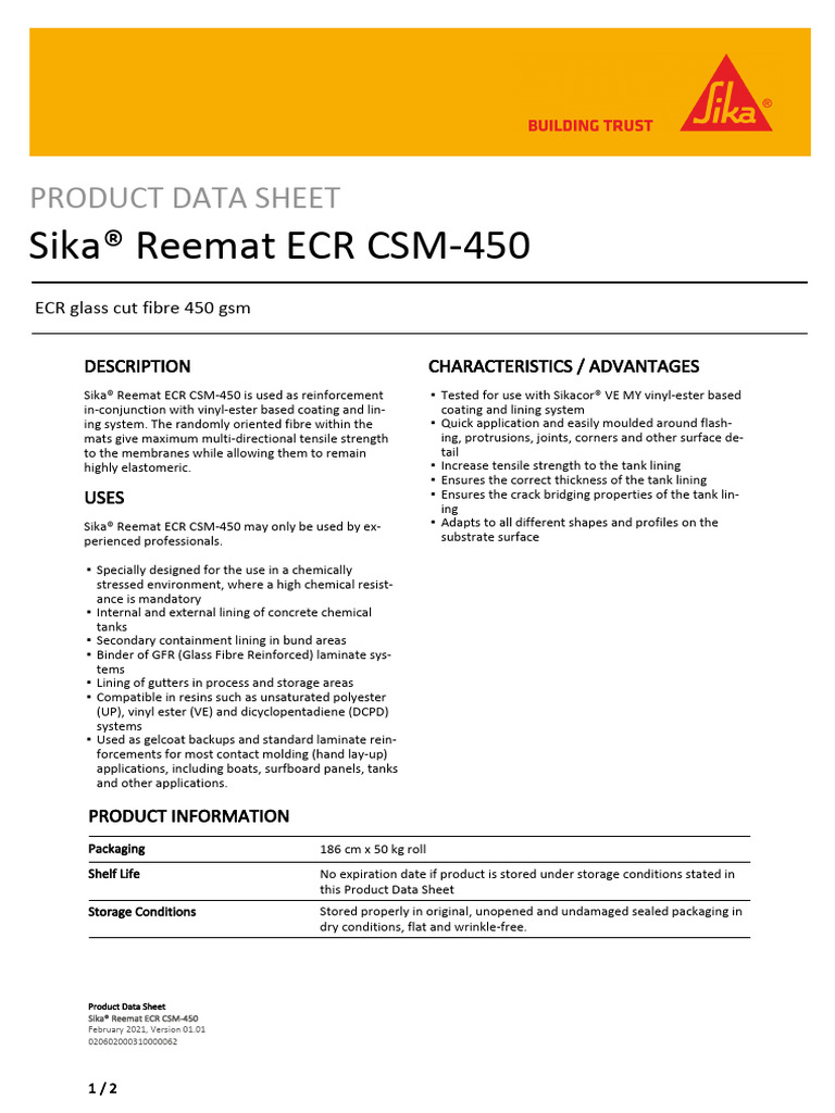 Sika Reemat Ecr CSM 450 | PDF | Fiberglass | Secondary Sector Of The ...