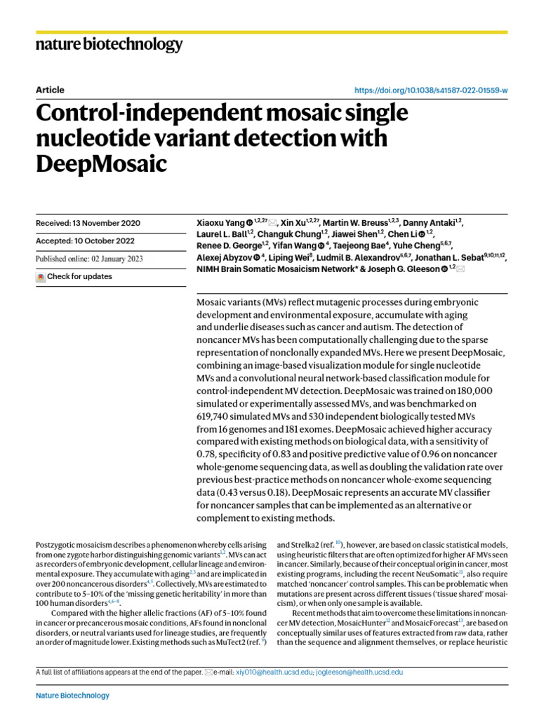 Control-independent mosaic single nucleotide variant detection with DeepMosaic | PDF ...
