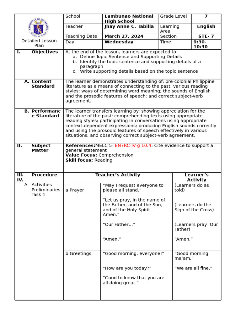 Lesson Plan: Topic Sentences & Details | PDF | Reading Comprehension ...