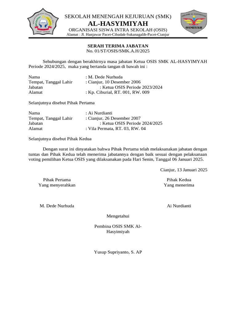 Surat Serah Terima Jabatan OSIS 2024 | PDF