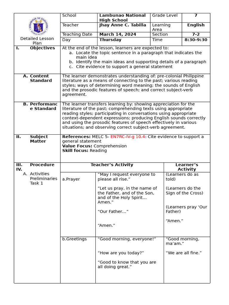 Grade 7 English Lesson Plan: Main Ideas | PDF | Reading Comprehension