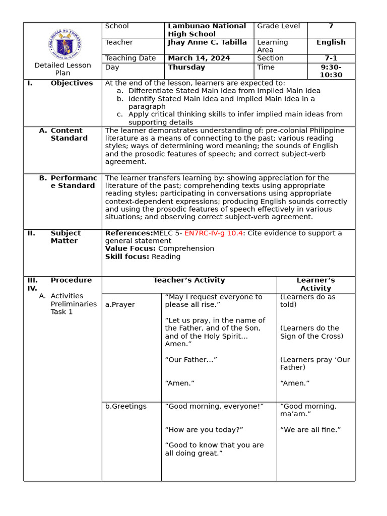 LESSON PLAN- Stated and Implied Main Idea | PDF | Learning | Reading ...