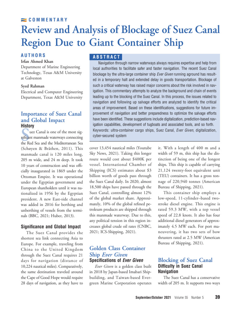 Review and Analysis of Blockage of Suez Canal | PDF | Suez Canal | Ships