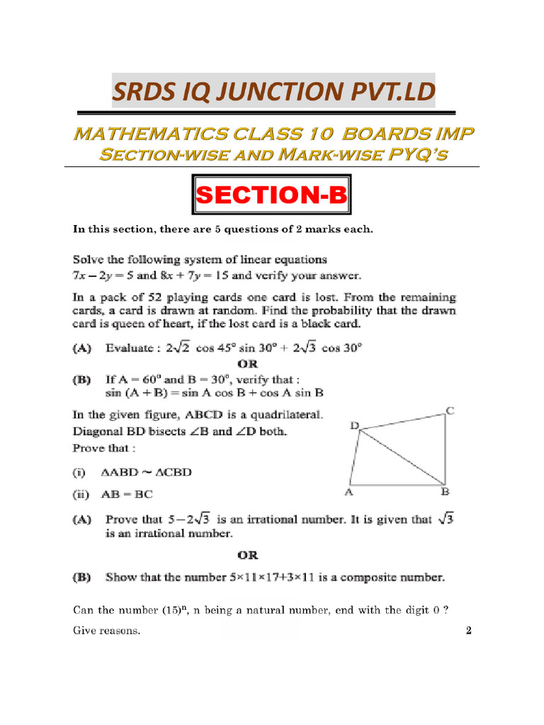 Srds Class 10 Maths Pyq Mark-wise | PDF