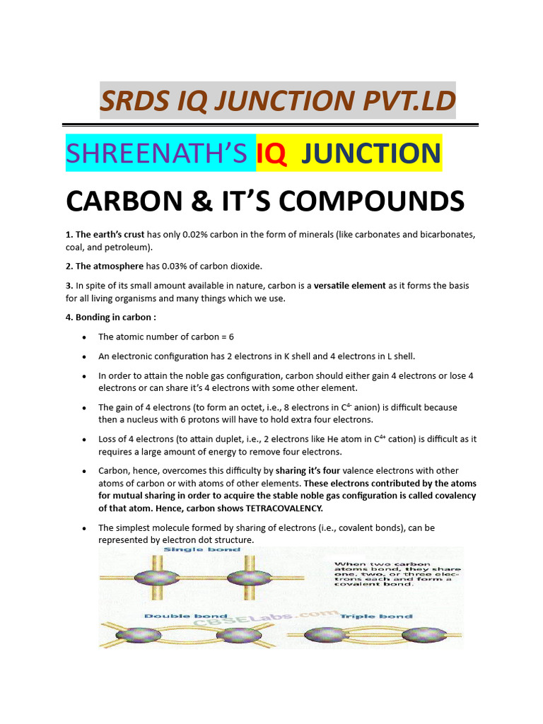 Chemistry of Carbon and Its Compounds Short Notes | PDF | Carbon ...