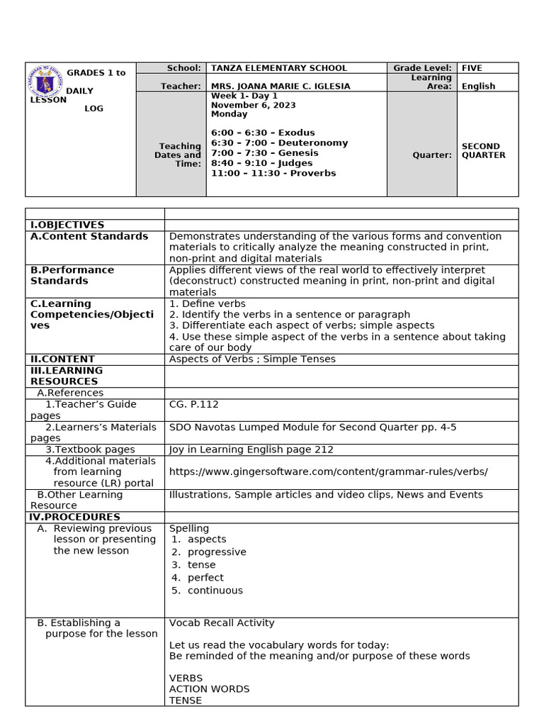 DLP Q2 WEEK1 DAY1 Aspects Simple | PDF | Grammatical Tense | Verb