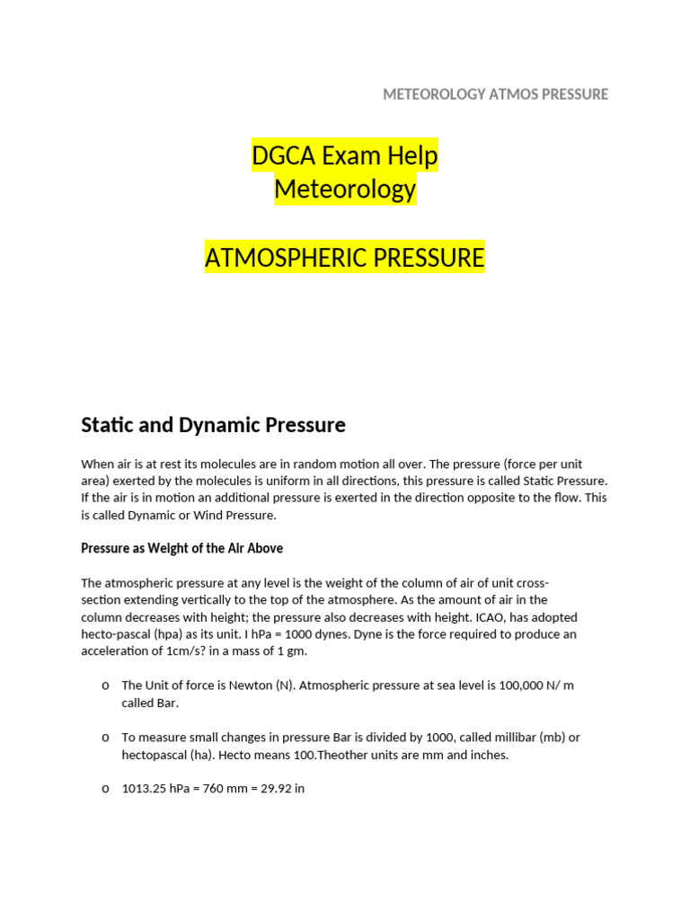 DGCA Exam Help Atmosphere Pressure | PDF | Contour Line | Atmospheric ...