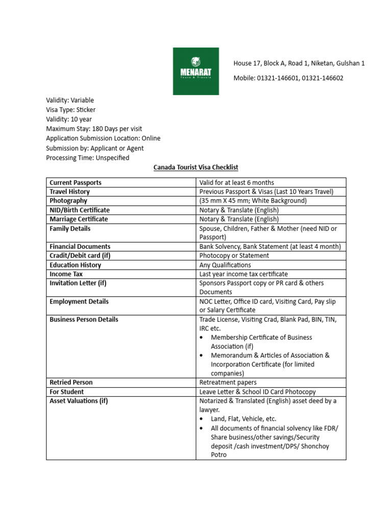 Canada Tourist Visa Document Checklist | PDF | Identity Document ...