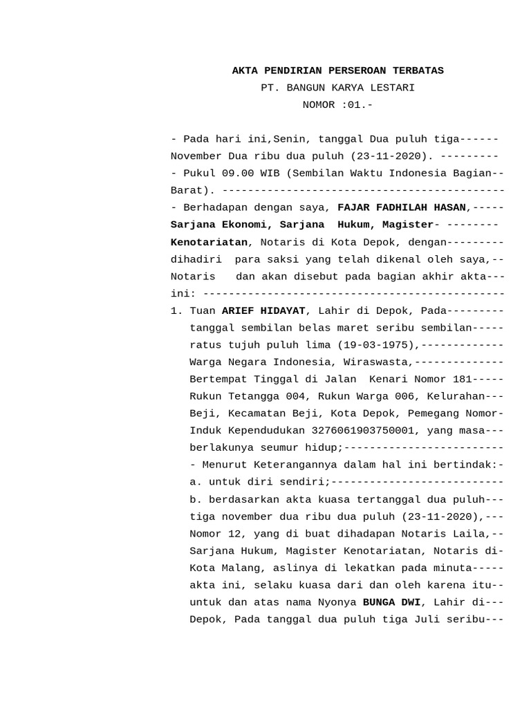 Minuta Akta Pendirian PT | PDF