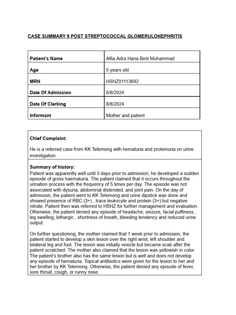 Case Summary 9 Post Streptococcal Glomerulonephritis | PDF | Medical ...