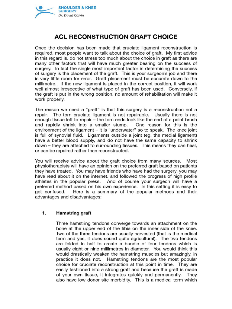 ACL Reconstruction Graft Options Explained | PDF | Knee | Organ ...