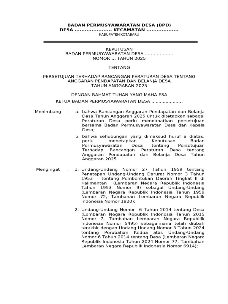 4 SK BPD PERSETUJUAN RANCANGAN APB Desa 2025 | PDF