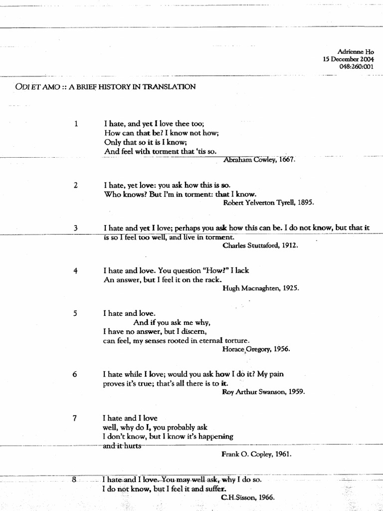 Catullus - Odi Et Amo - A Brief History in Translation | PDF