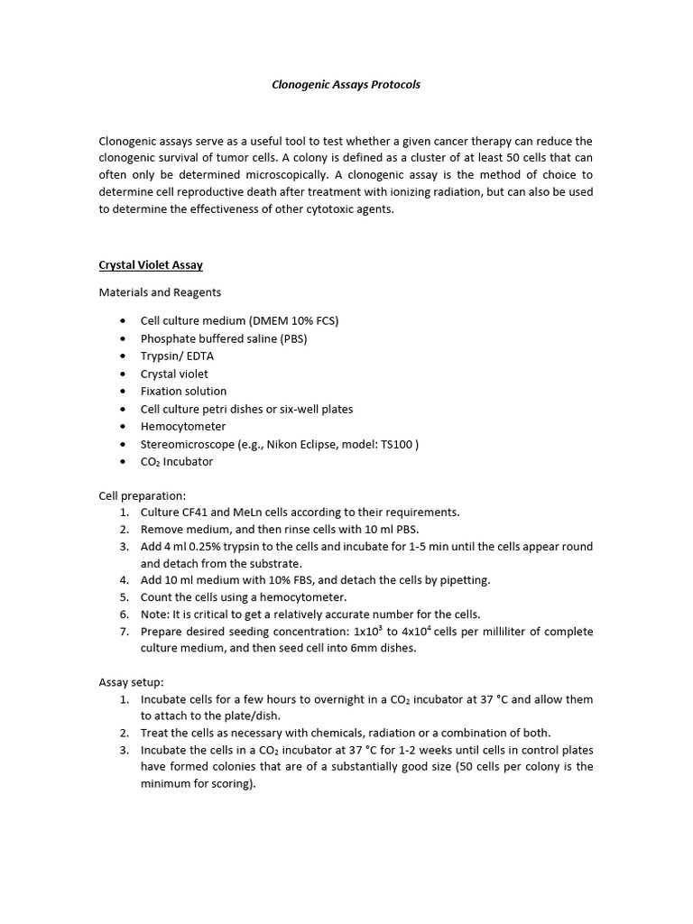 Clonogenic Assay Protocols Overview | PDF | Cell Culture | Assay