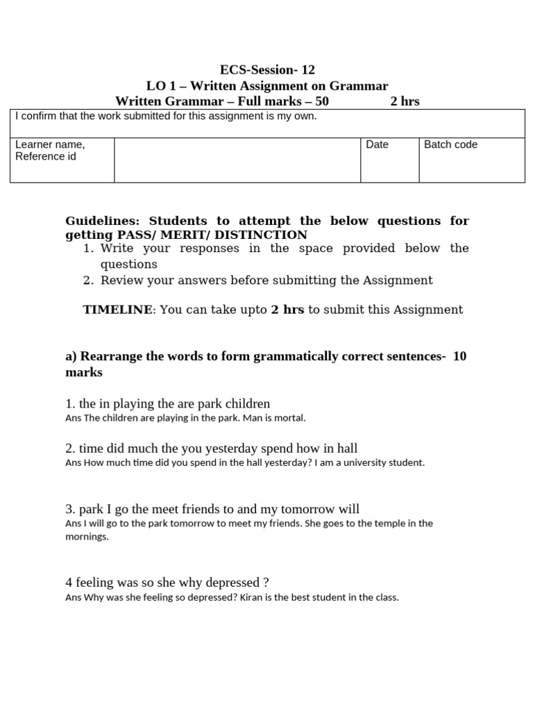 Grammar Assignment Guidelines | PDF
