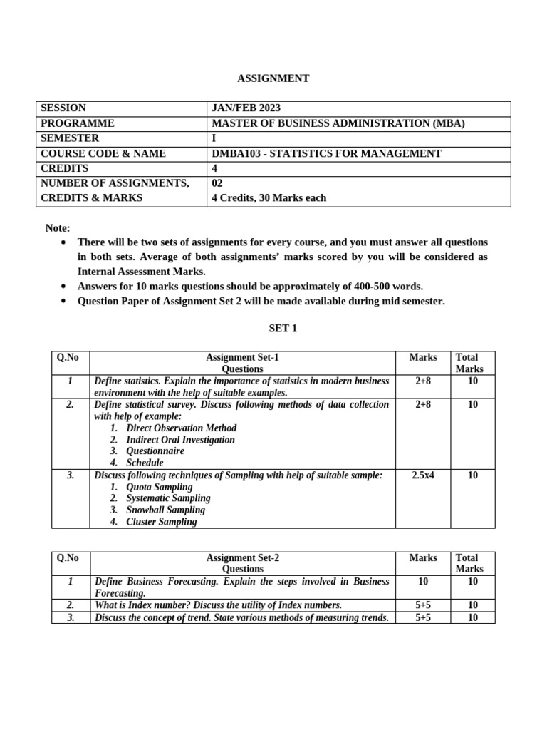 Assignment - DMBA103 - MBA 1 - Set-1 and 2 - Jan-Feb - 2023 | PDF