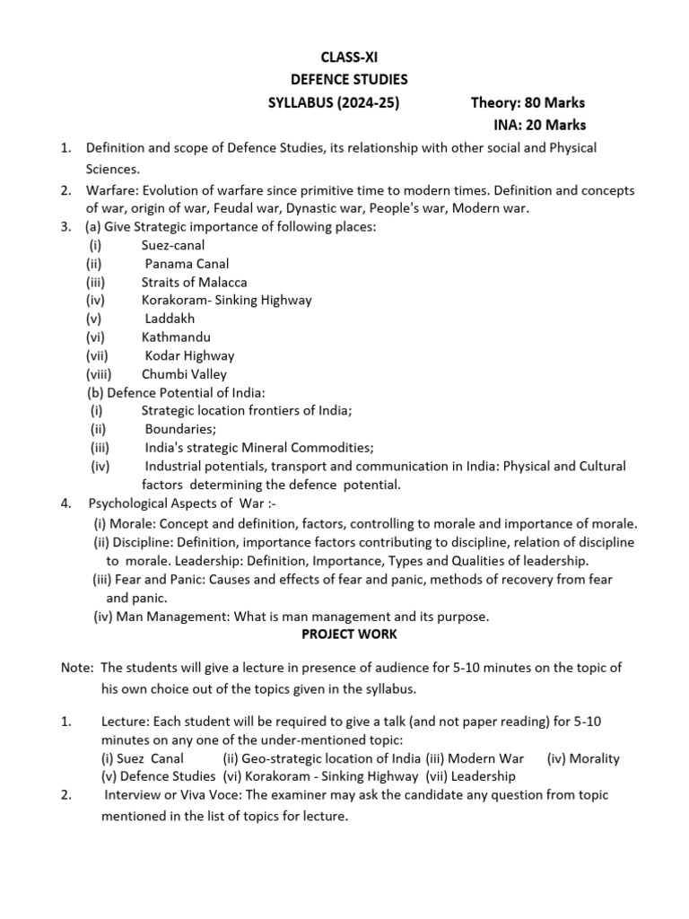 11th Defence Studies Syllabus 2024-25 | PDF