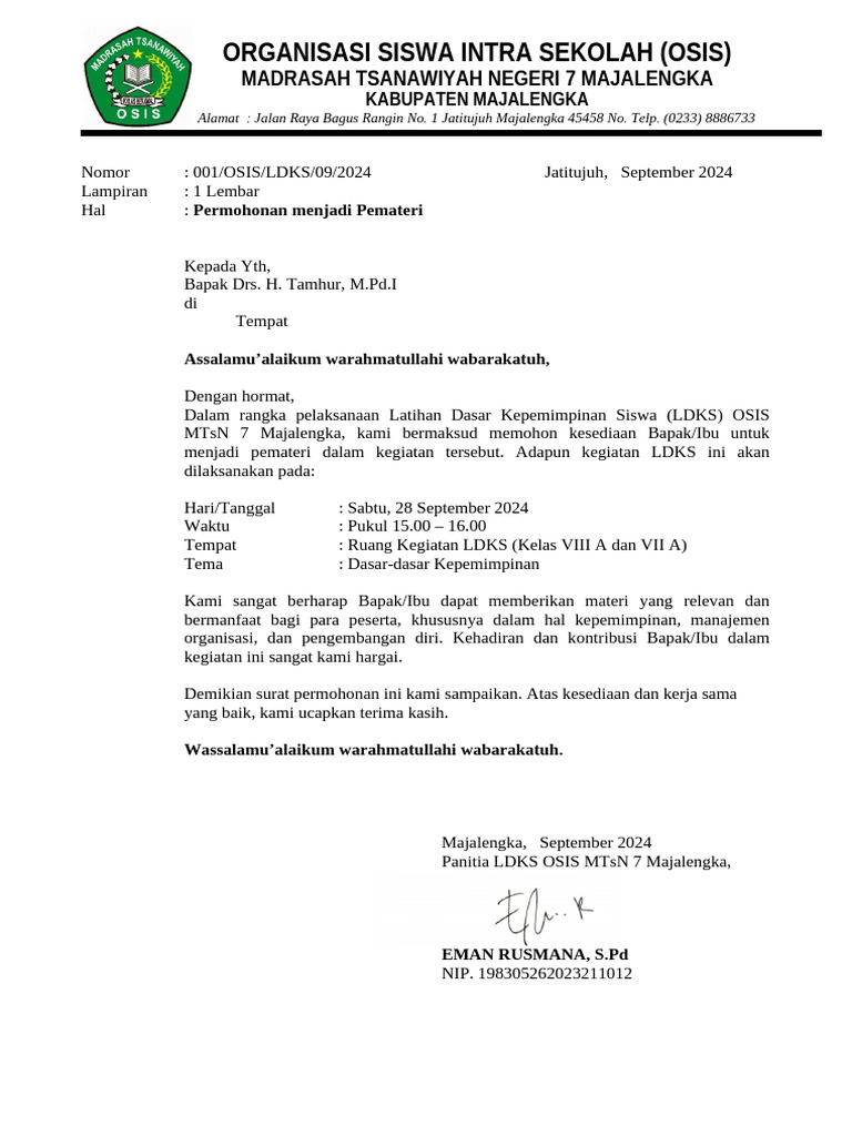 SURAT PERMOHONAN PEMATERI LDKS | PDF SURAT PERMOHONAN PEMATERI LDKS | PDF