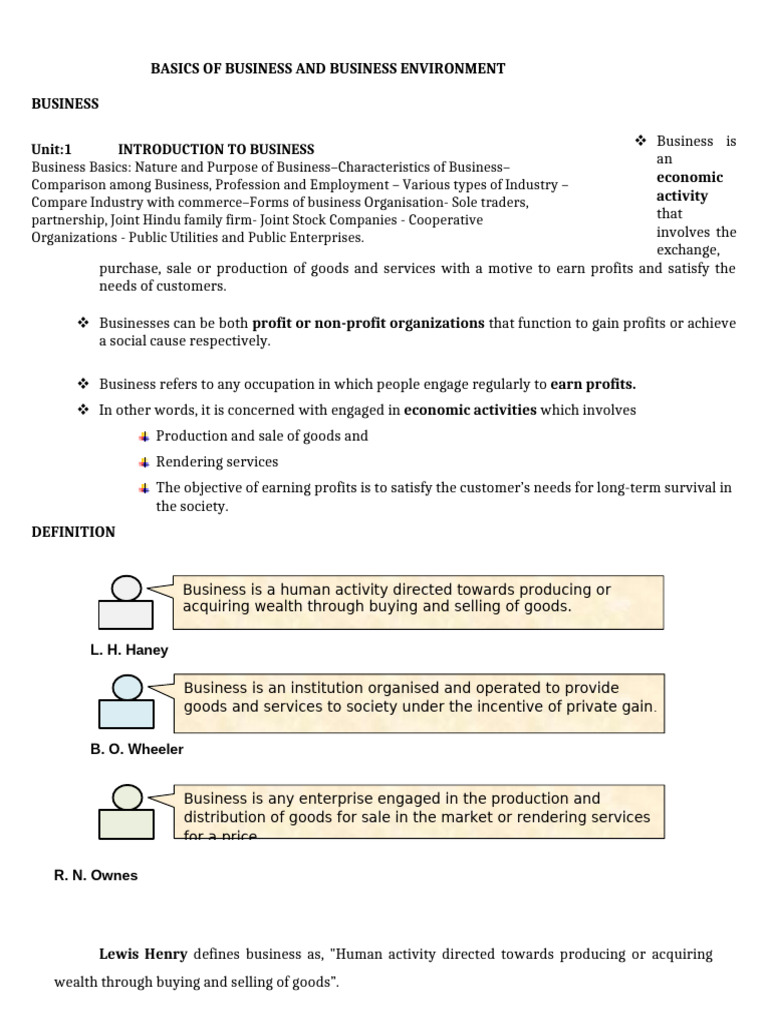 Basics of Business and Business Environment Notes Unit 1 | PDF ...