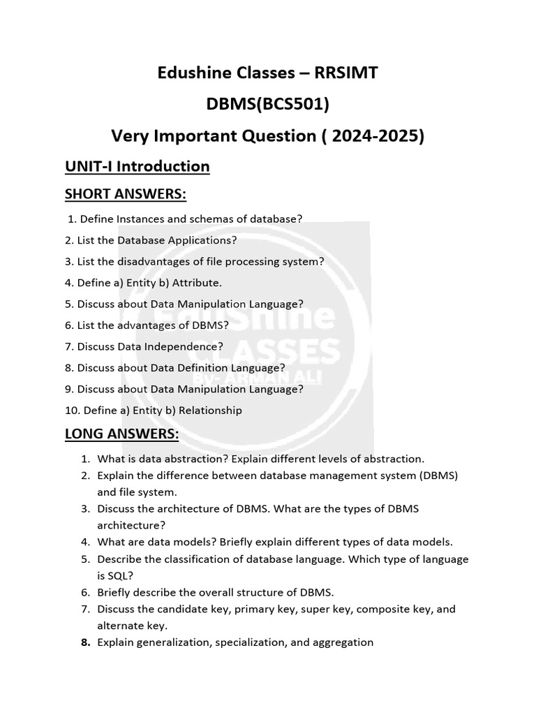 DBMS All Unit v IMP Question + 5 PYQs Updated by EdushineRRSIMT | PDF | Relational Database ...