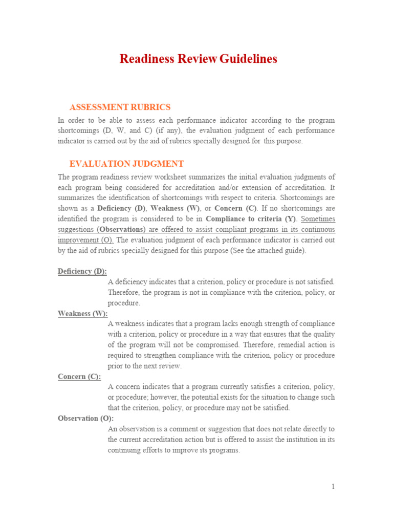 Readiness Review GUIDLINESS+WORKSHEET | PDF | Evaluation