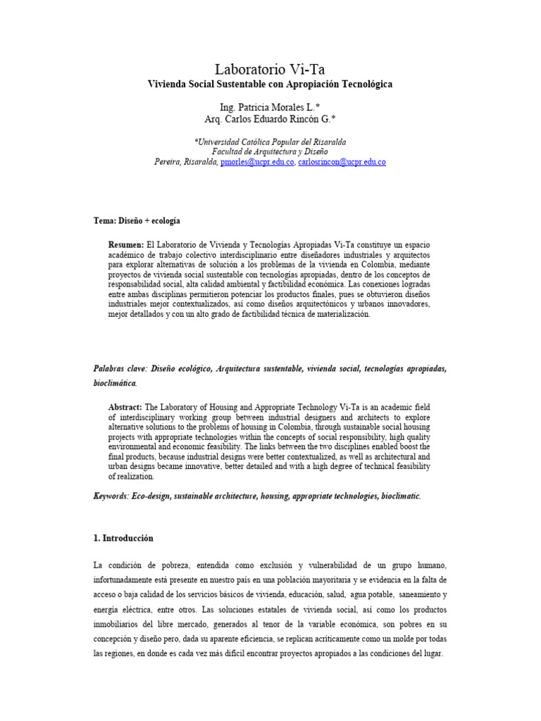 Laboratorio Vi-Ta: Vivienda Social Sustentable Con Apropiación Tecnológica | PDF ...