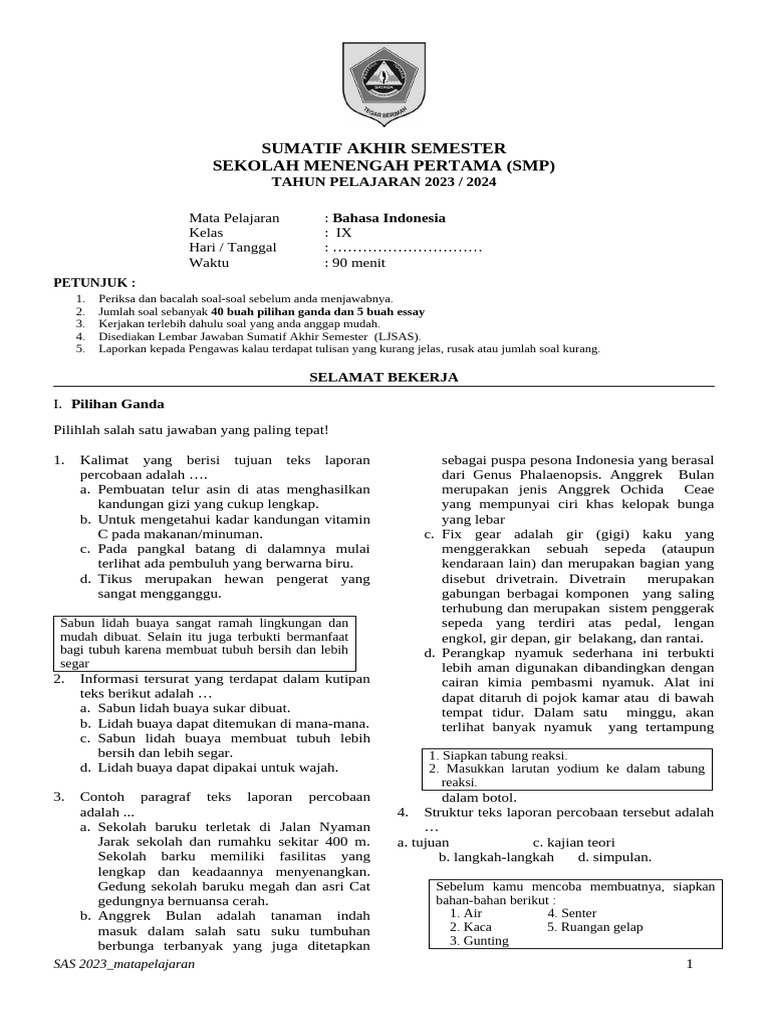 NASKAH SOAL SAS 1 B.INDO 9 | PDF