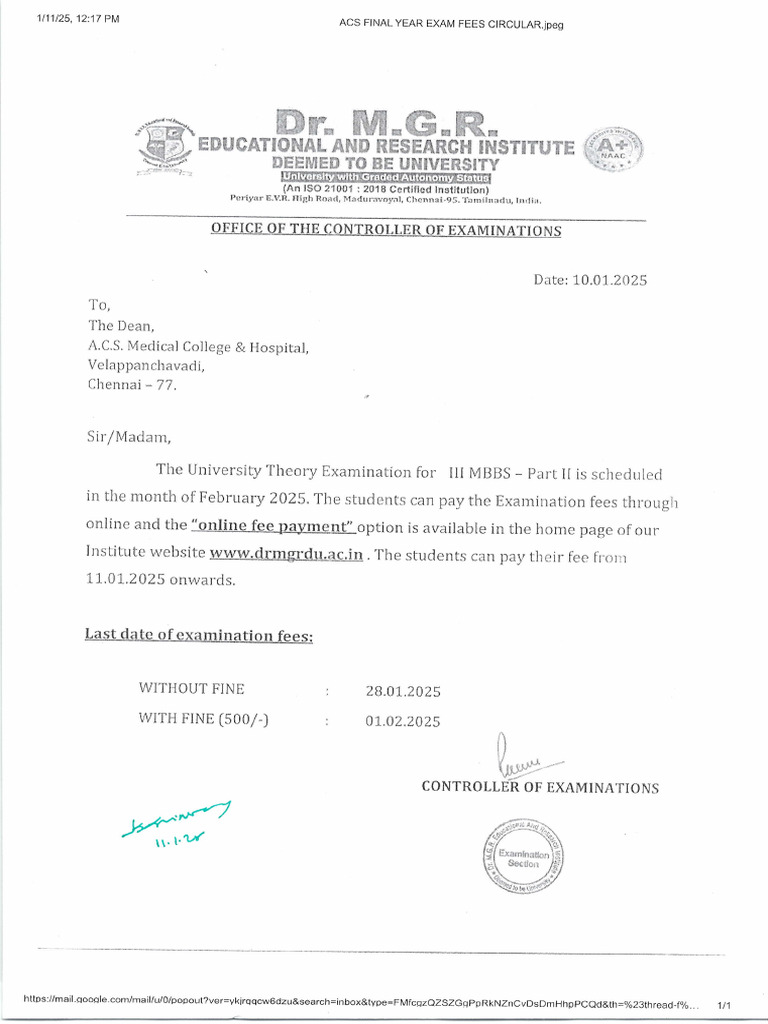ACS Medical College Exam Fee Notice | PDF