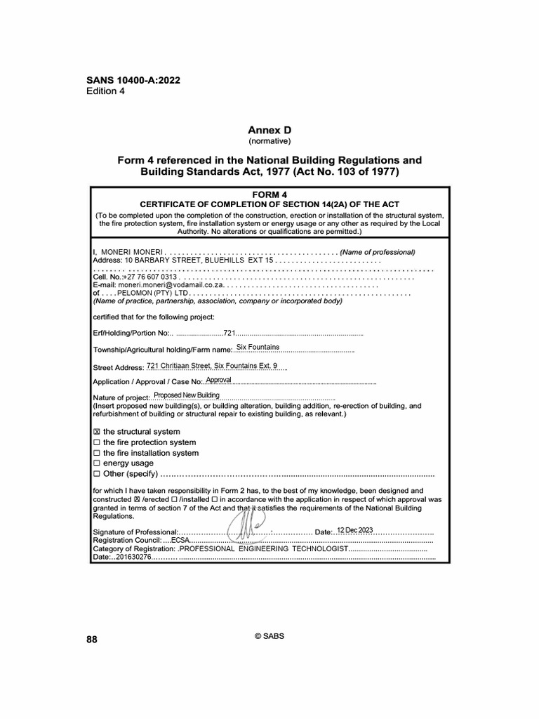 SANS 10400-A:2022 Form 4 Compliance Certificate | PDF | Structural ...