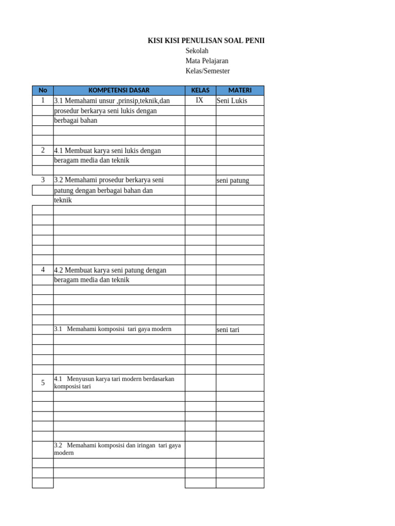Kisi Kisi Seni Budaya SMT1KLS Ix 2023 - 2024 | PDF