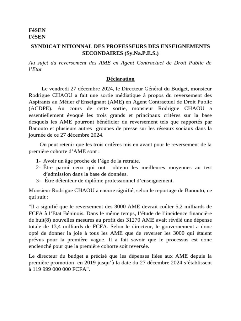 Reversement des AME en ACDPE au Bénin | PDF