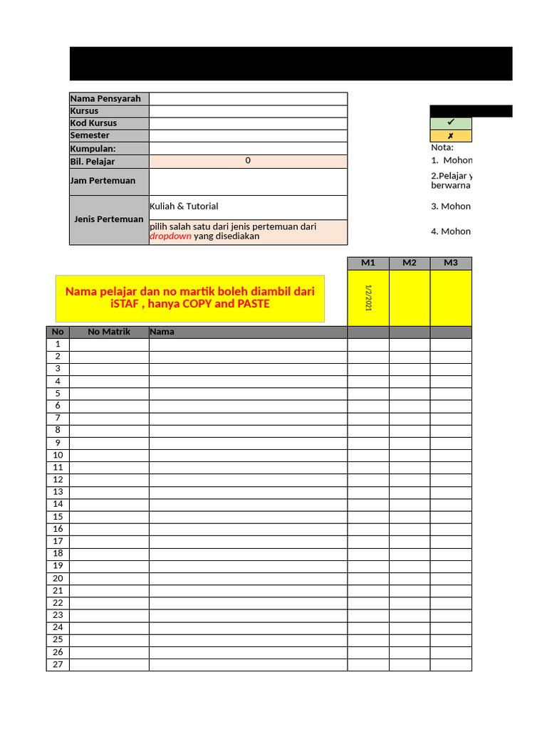 Borang Analisa Kehadiran Pelajar-Excelkosong | PDF