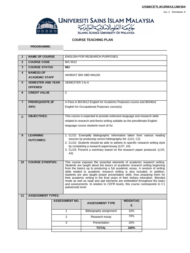 A232_Course Teaching Plan ERP (BIS 5012) | PDF | Human Communication