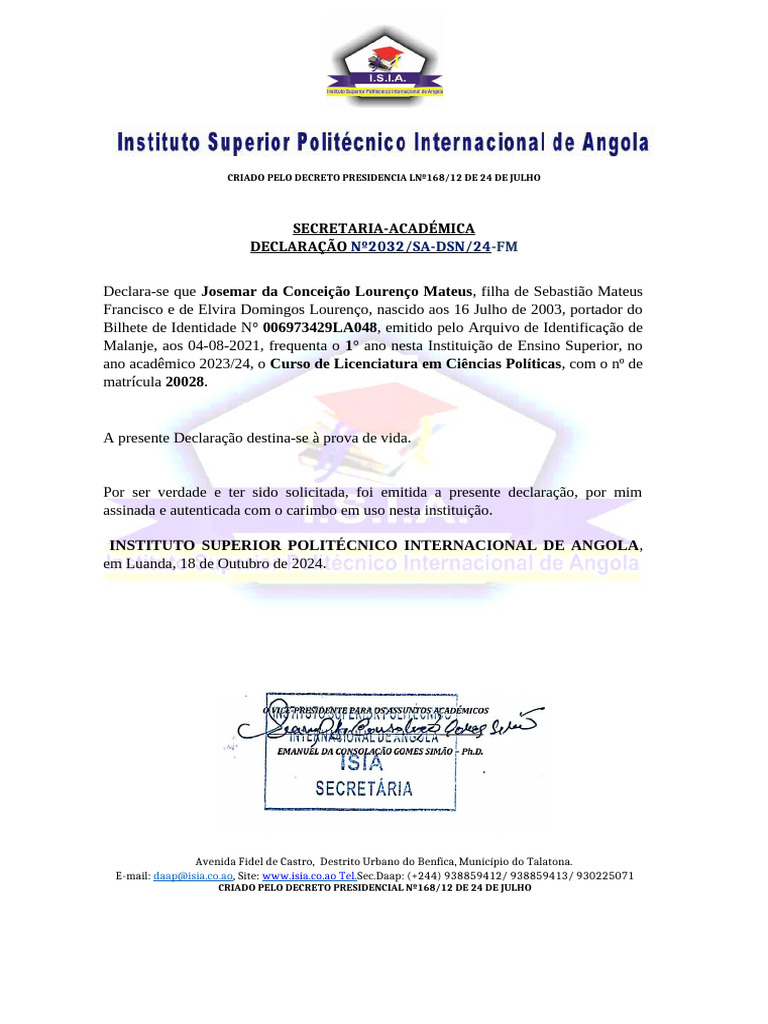 Declaraçao Sem Notas ISIA 3 | PDF