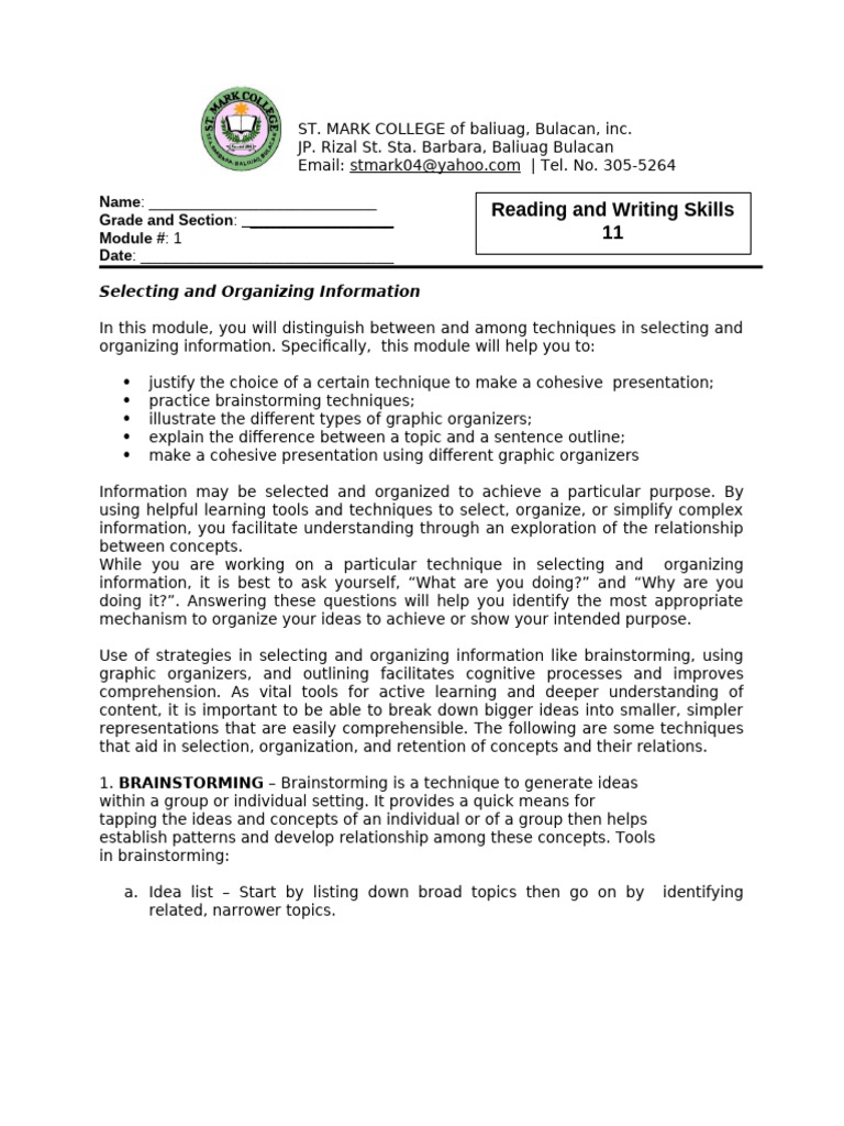 Module 1 Reading and Writing Skills 11 | PDF | Reading Comprehension | Brainstorming